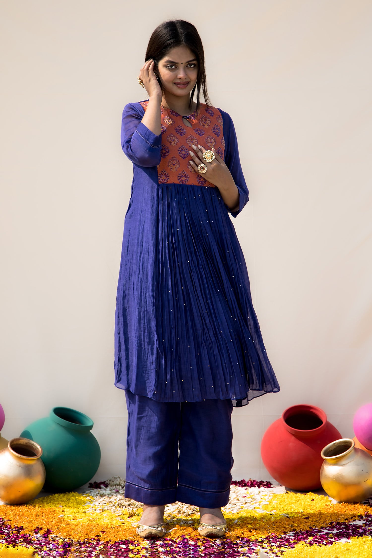 Buy Blue Mul Chanderi Hand Embroidered Brocade Yoke Tunic And Pant Set ...