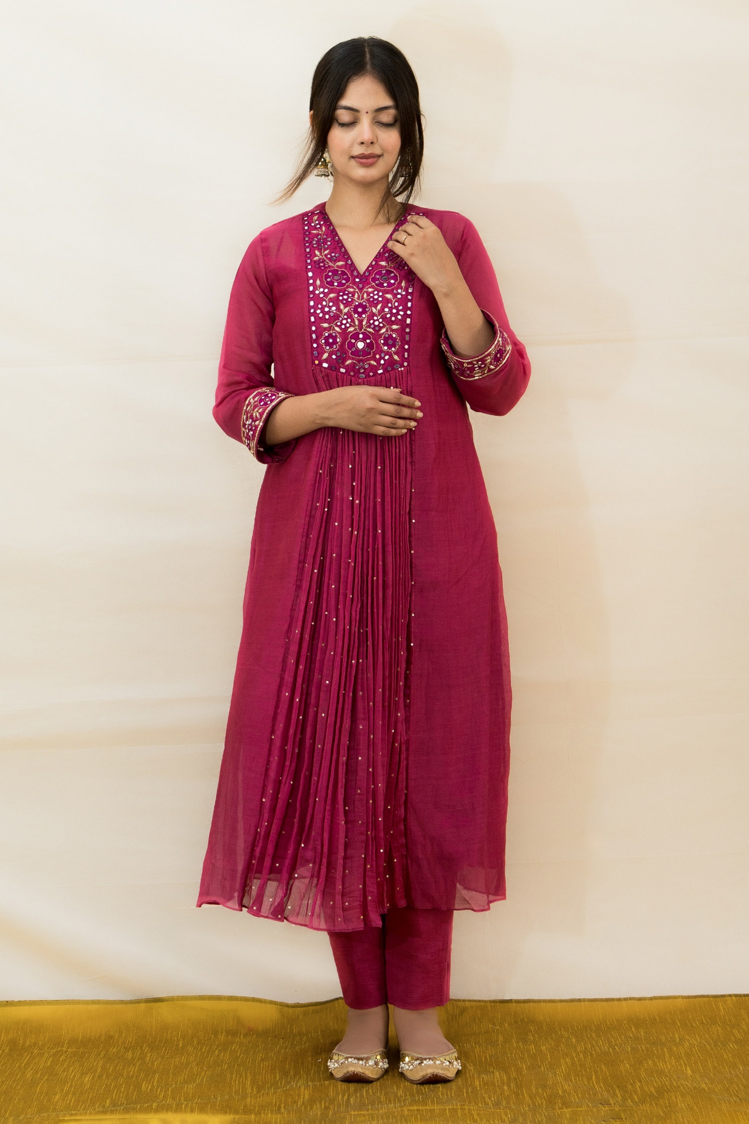 Buy Wine Malai Chanderi Hand Embroidered Mirror Tunic : Yoke And Pant ...