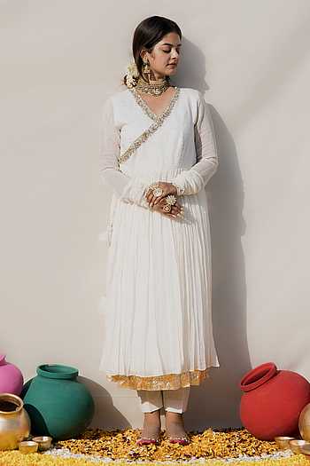 Buy Ivory Mul Chanderi Hand Embroidered Pure Champa Angrakha Anarkali ...