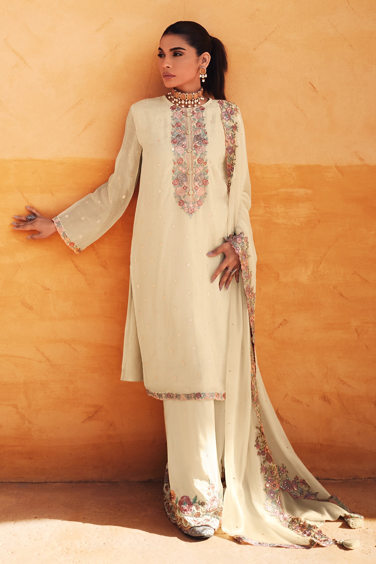 Buy White Kurta: Woven Organzapants: Placket Palazzo Set For Women by ...