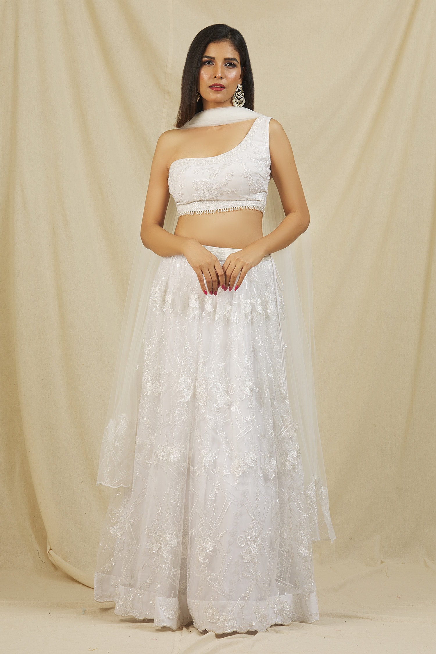 Buy White Net Embroidery Sequin Asymmetric Lehenga One Shoulder Blouse ...