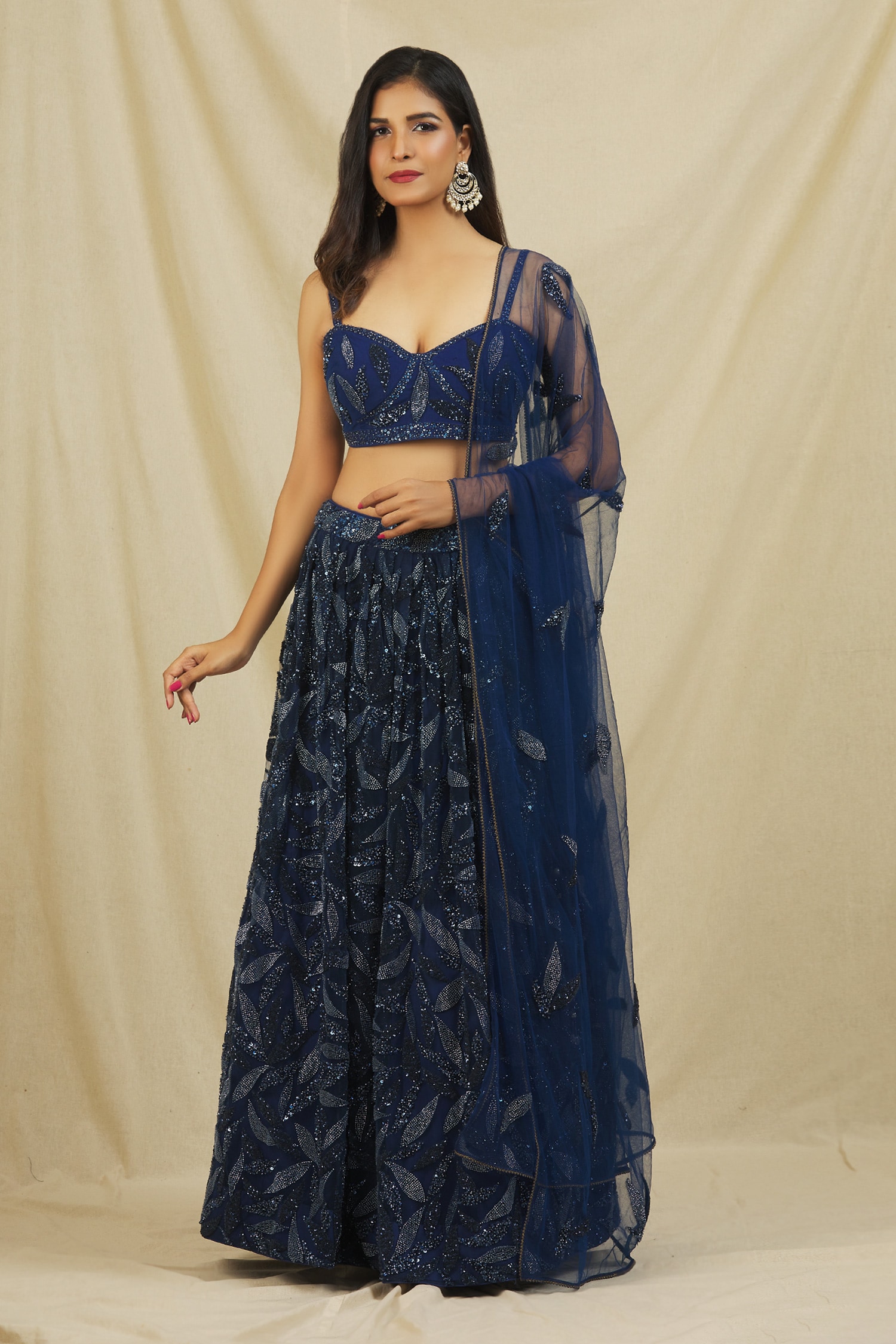 Buy Blue Net Embroidered Sequin Sweetheart Neck Cut Dana And Lehenga ...