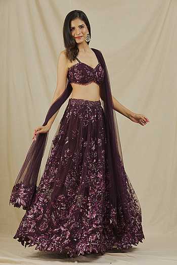 Buy Purple Net Embroidered Sequin And Thread Work Sweetheart & Lehenga ...