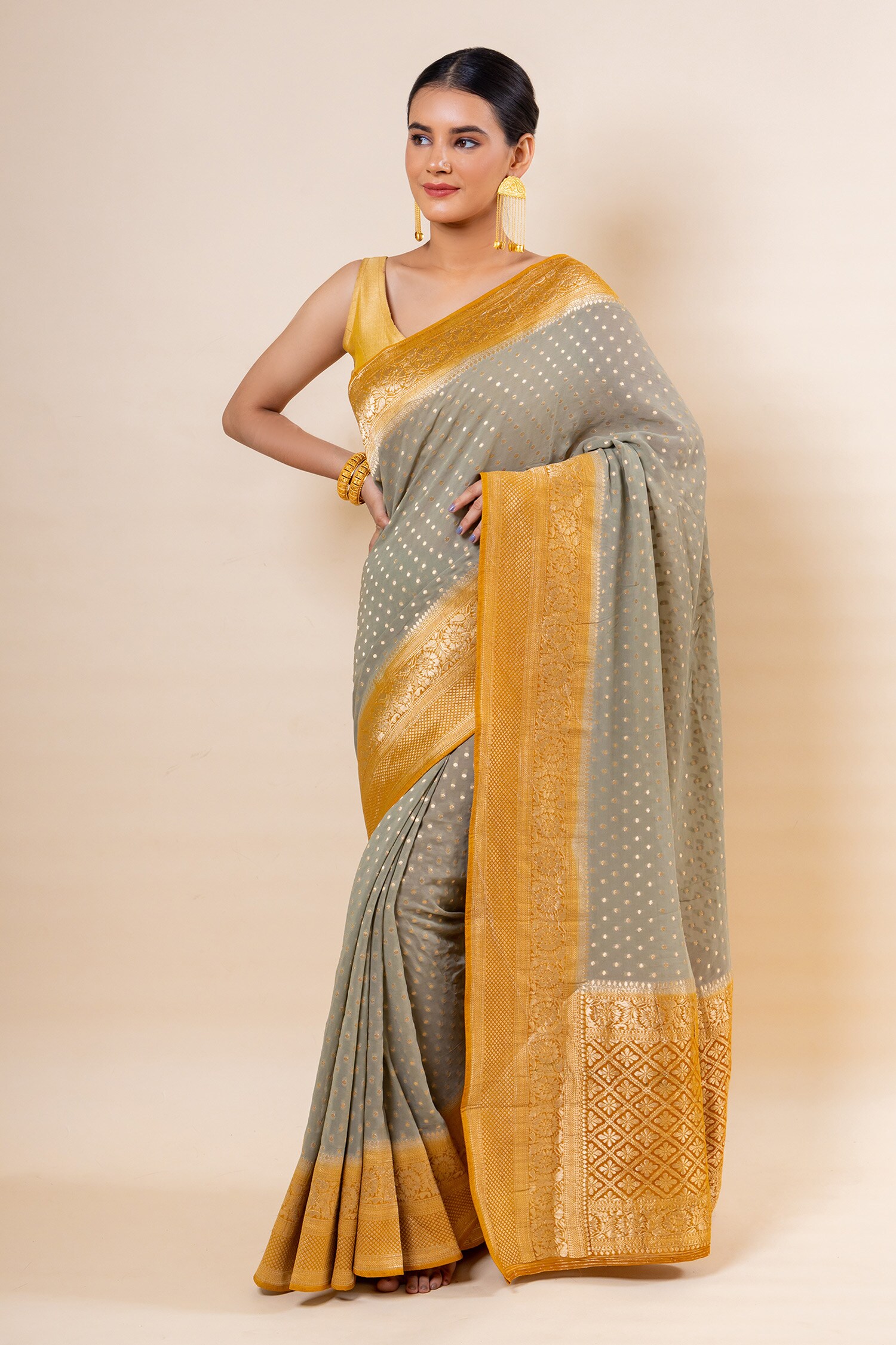 Buy Grey Chunri Butti Pattern Saree With Unstitched Blouse Fabric For ...