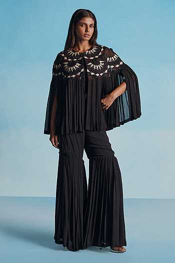Buy Black 100% Pure Georgette Applique Hand Cape Pleated Pant Set For ...