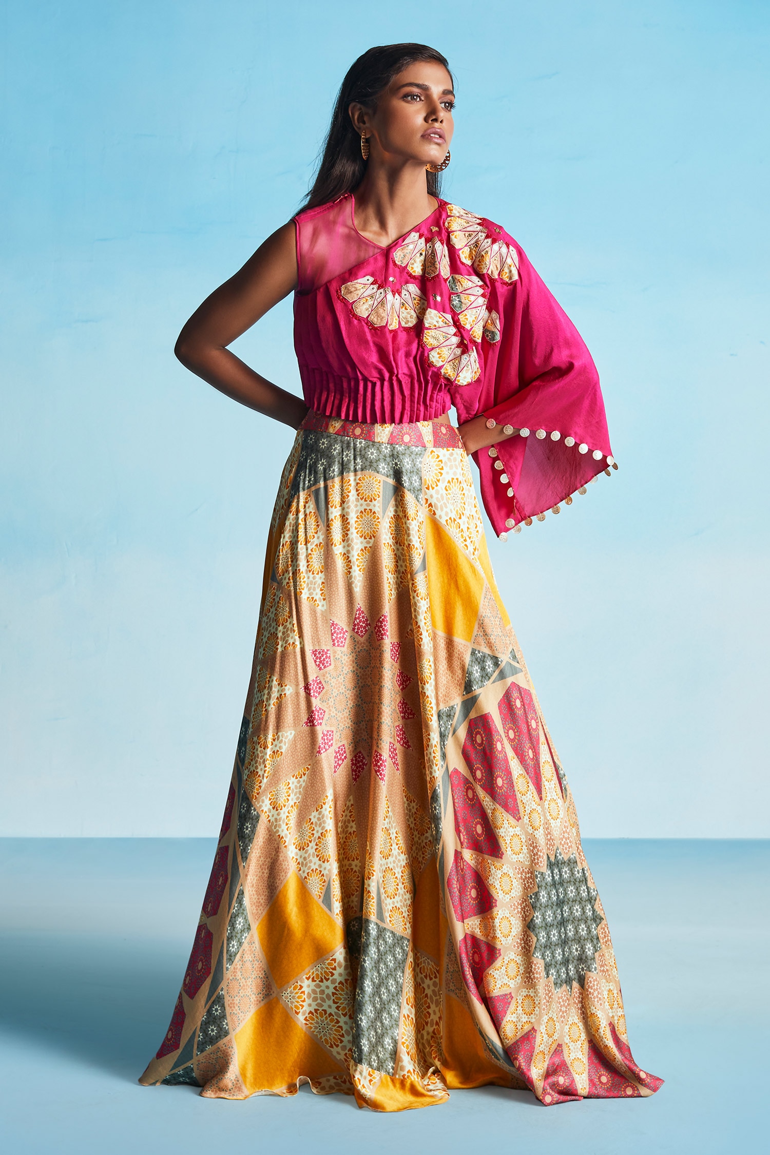 Buy Pink Top 100% Pure Silk Printed Embroidered And Lehenga Set For Women by Studio Radical ...