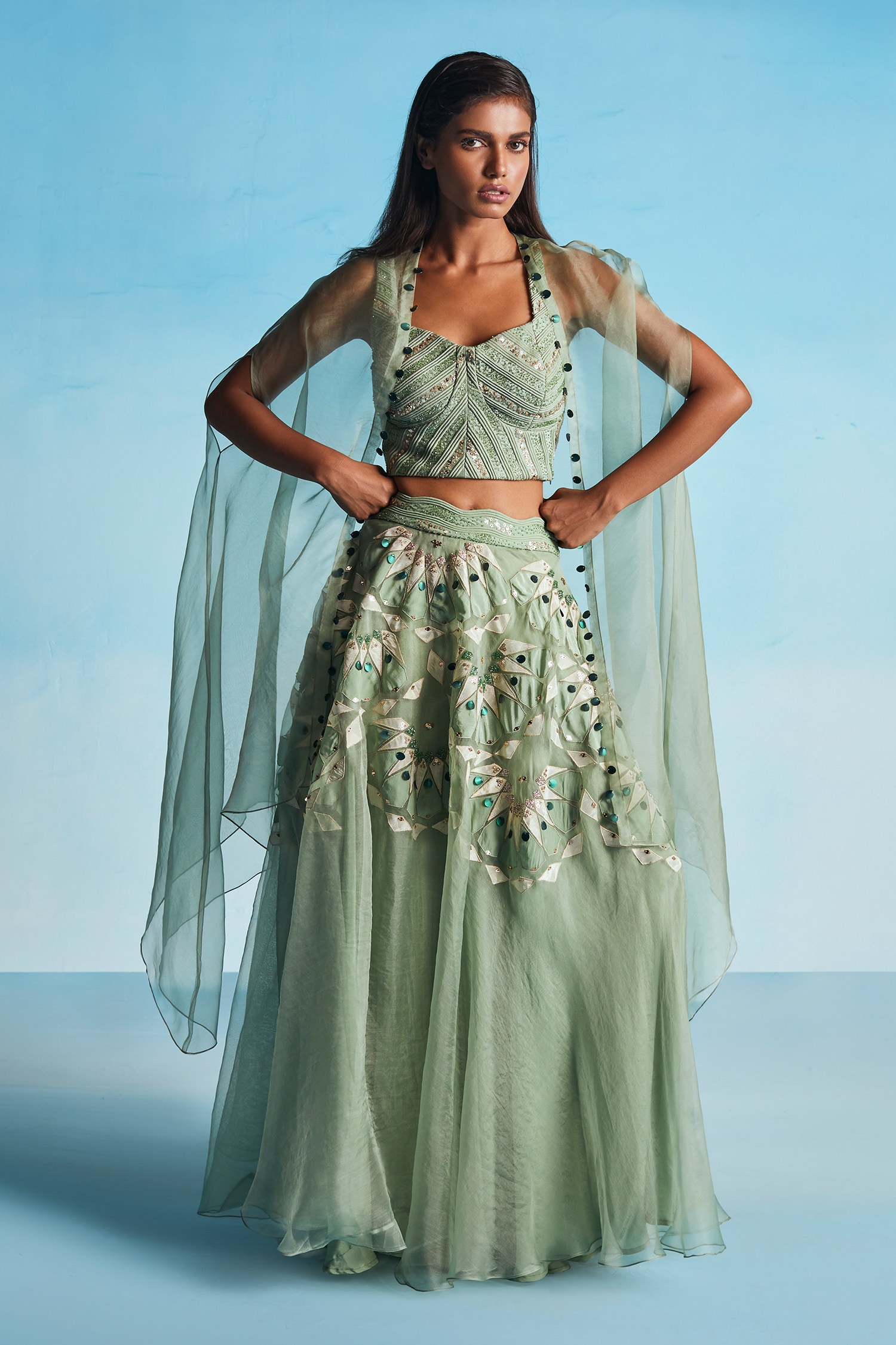 Buy Green Organza Applique Hand Embroidered Beads Border Cape Lehenga Set For Women by Studio ...