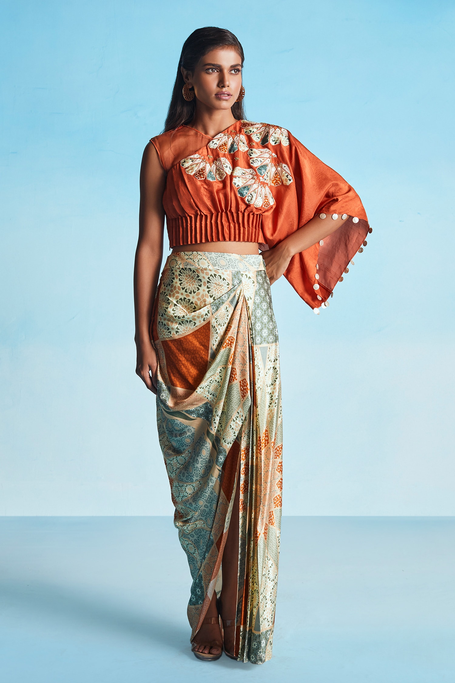 Buy Orange Lehenga 100% Silk Satin Printed Marrakech Top And Set For Women by Studio Radical ...