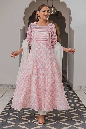 Buy White Cotton Print Floral Square Neck Mandala Anarkali Set For ...