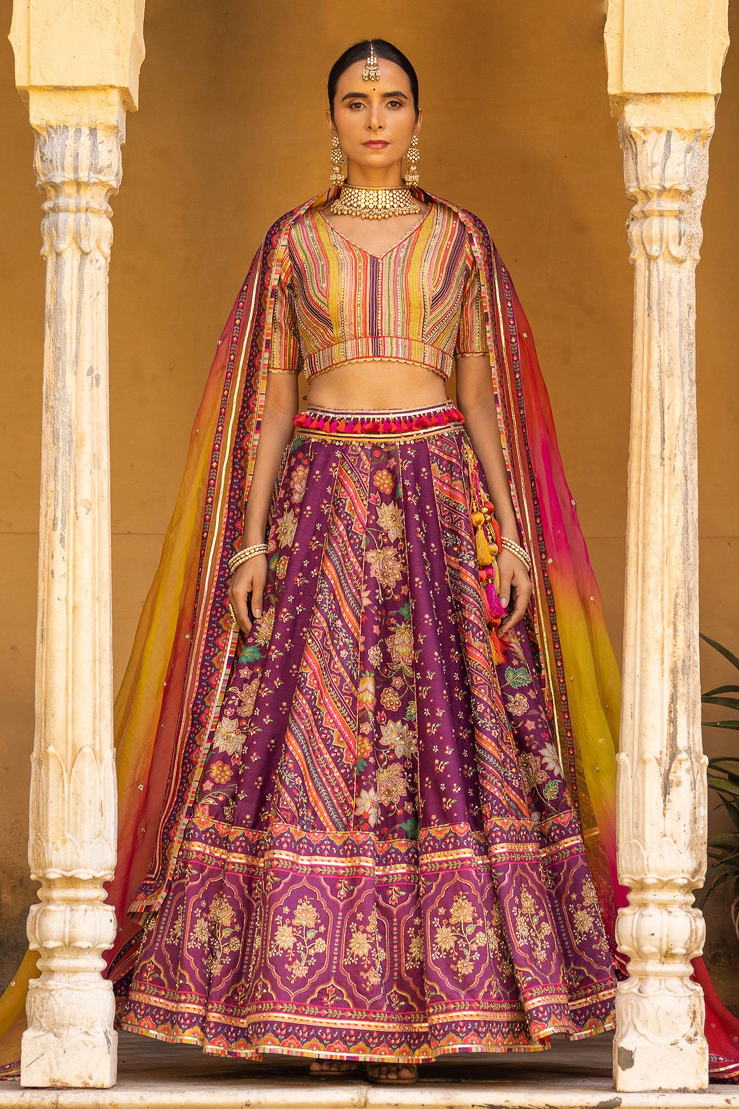 Buy Wine Raw Silk Printed Floral V Neck And Chintz Bridal Lehenga Set ...