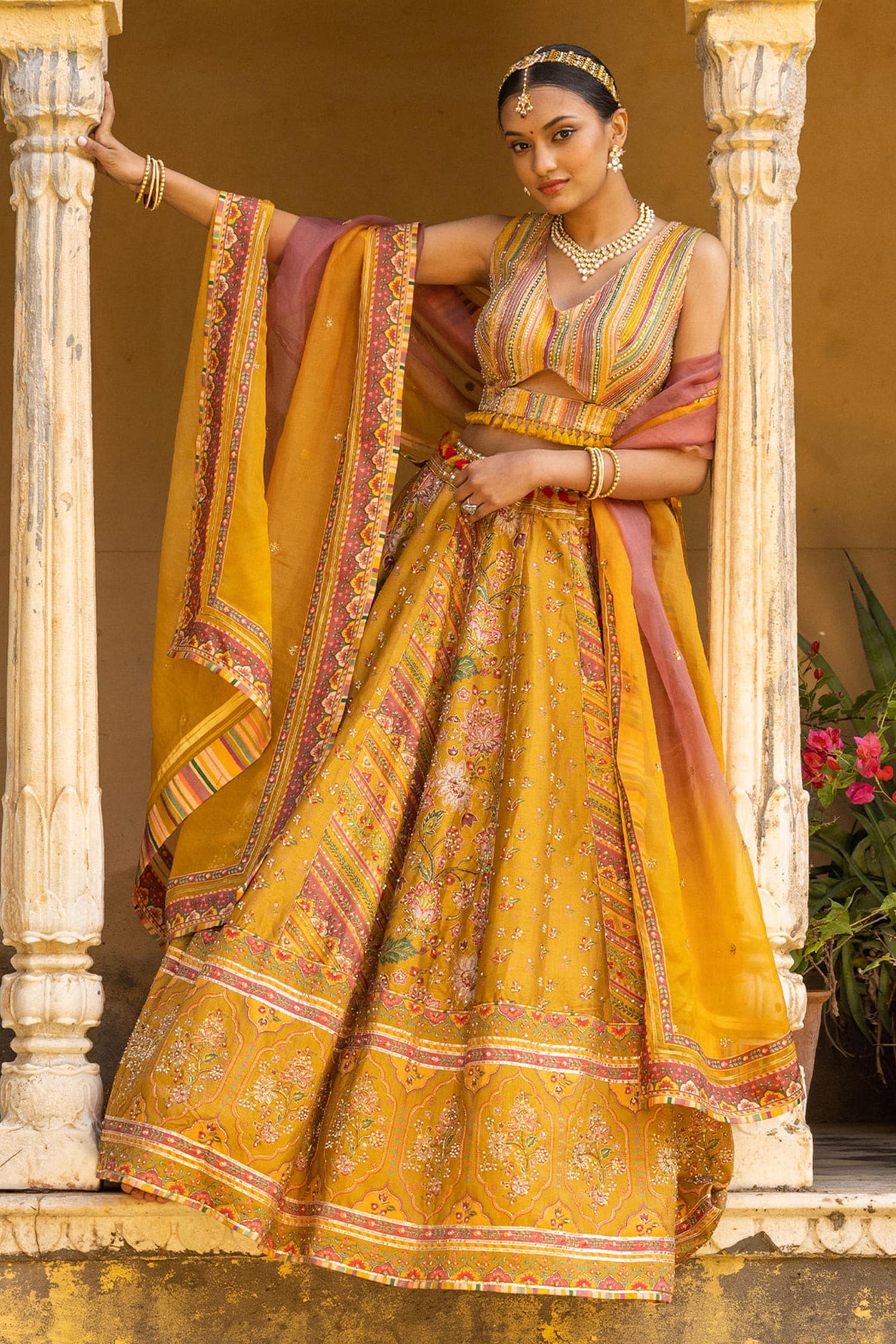 Buy Yellow Raw Silk Printed Embroidered And Blouse Bridal Lehenga Set ...