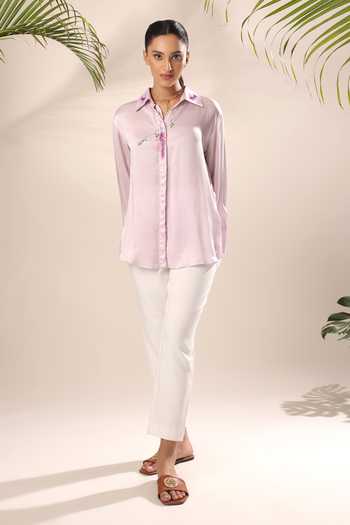 Buy Purple Modal Satin Hand Paint Flower Vine Collared Neck Shirt For ...