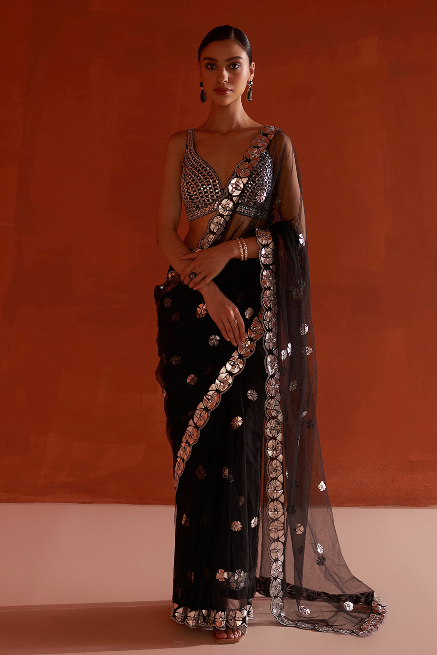 Buy Black Net Embroidered Leather Applique Deep V Neck Saree And Blouse ...