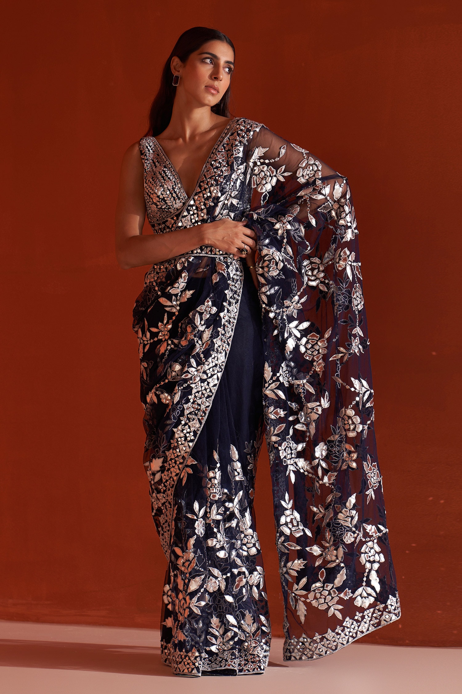 Buy Blue Net Embroidered Leather Applique Blunt V Neck Work Saree And ...