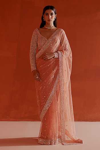 Buy Orange Net Embroidery Sequin Leaf Neck Pearl Saree With Blouse For ...