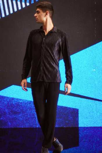 Buy Black 100% Recycled Polyester Textured Pleated Shirt And Pant Set ...