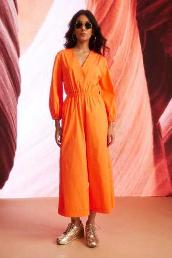 Buy Orange 100% Organic Cotton V Neck Tangerine Wide Leg Jumpsuit For ...