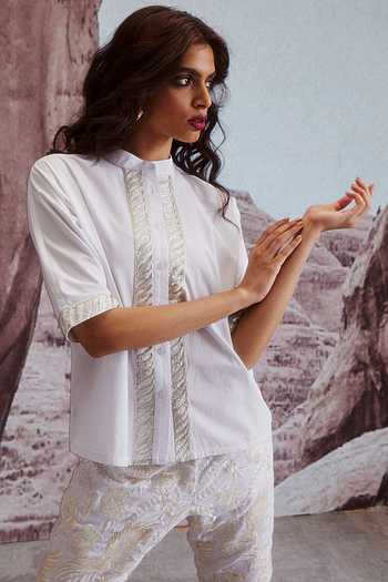 Buy White 100% Organic Cotton Embroidered Gota Shirt Collar For Women ...