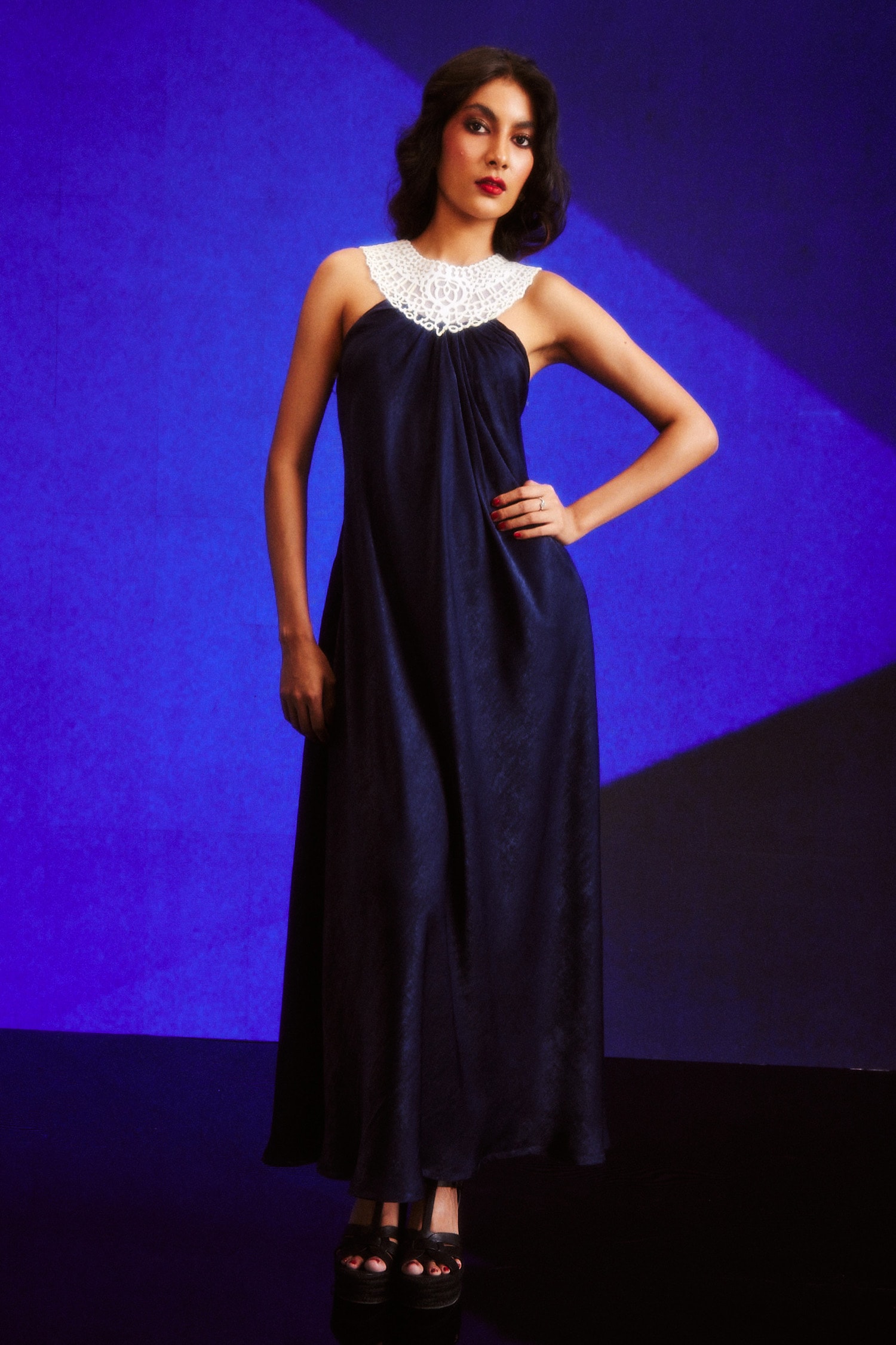 Buy Blue 100% Polyester Plain Round Cutwork Front And Back Gown For ...