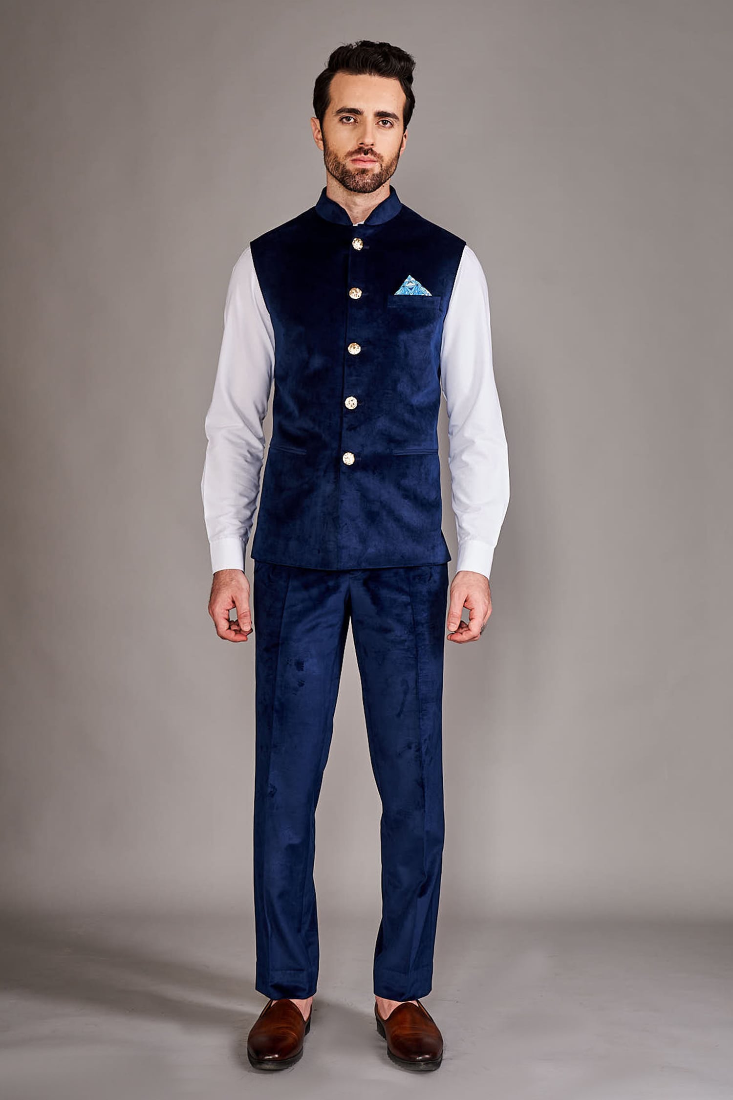 Buy Arjun Kilachand Blue Plain Velvet Bundi With Shirt Online | Aza ...