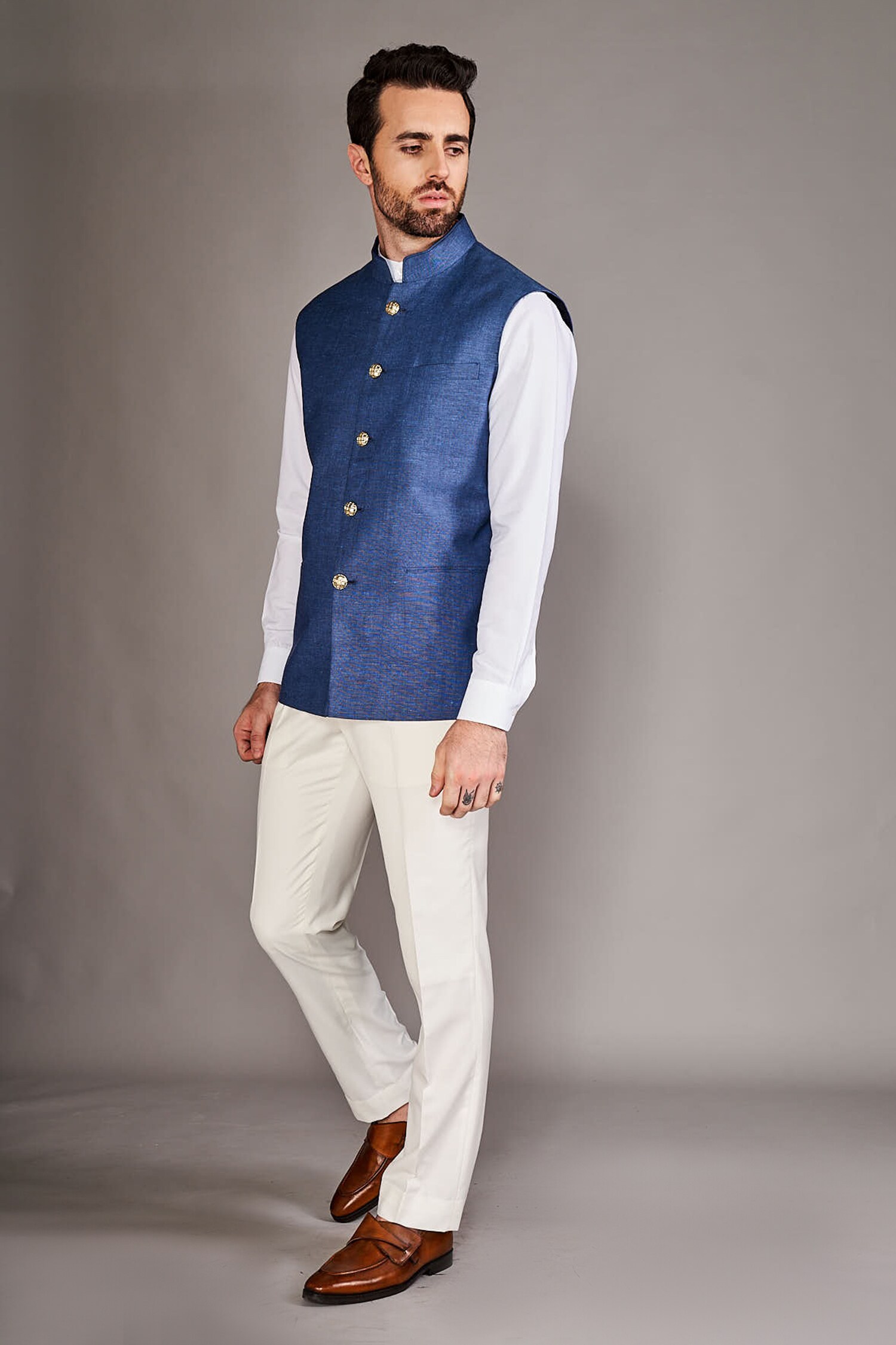 Buy Blue Linen Solid Bundi With Shirt For Men by Arjun Kilachand Online ...