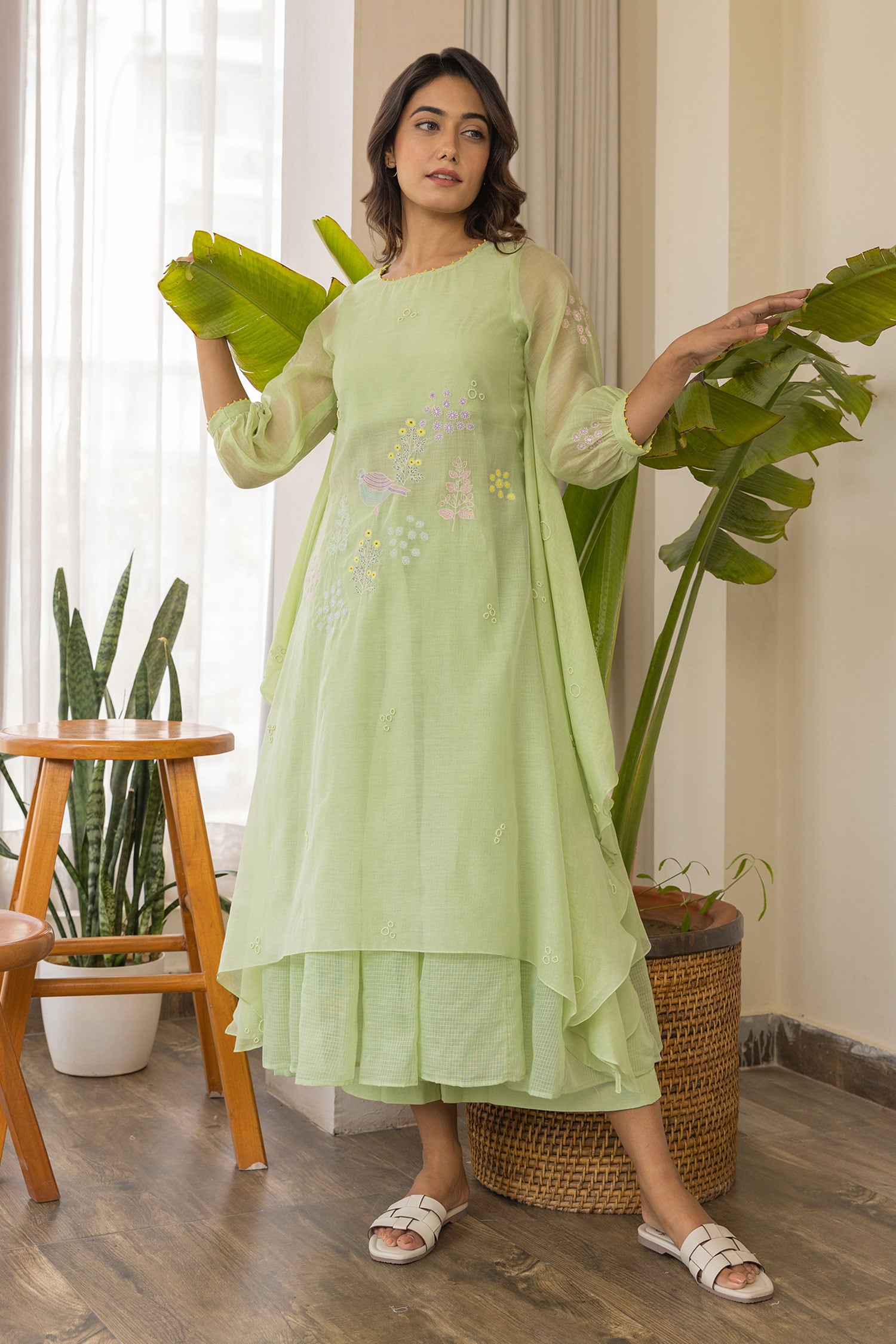 Buy Green Kurta Chanderi Hand Embroidered Thread Round Daisy And ...