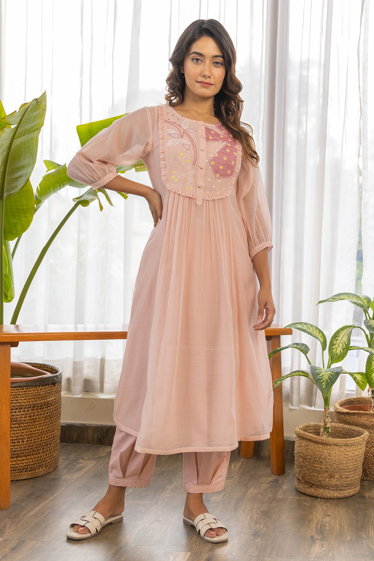 Buy Peach Cotton Applique Hand Carissa Yoke Kurta And Palazzo Set For ...