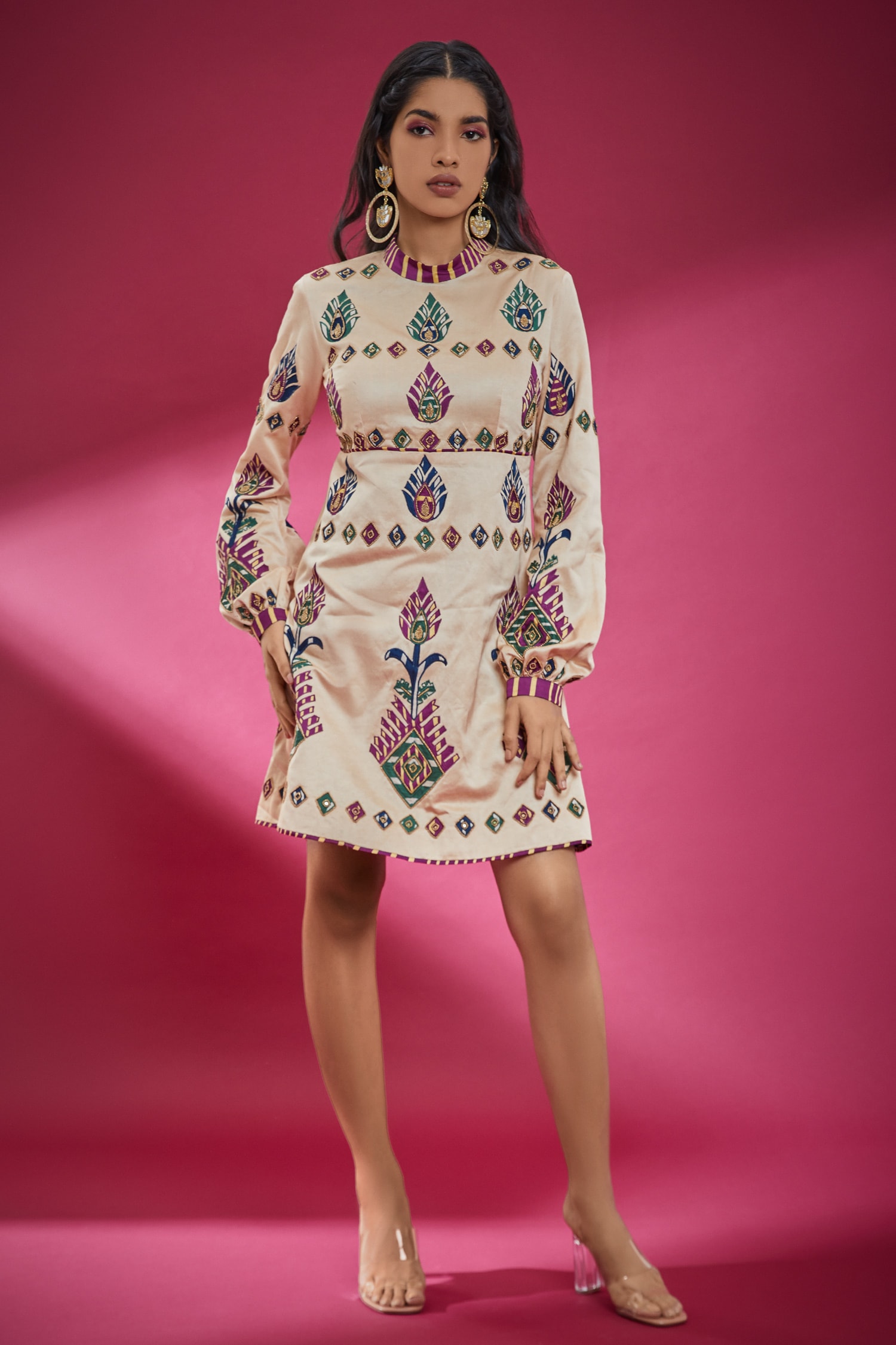 Buy Surily G Beige Mashroom Satin Peacock Feather Motif Embroidered ...