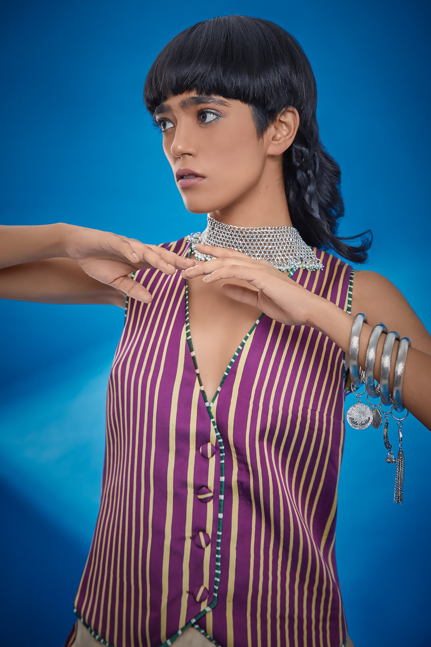 Buy Purple Silk Stripe V Neck Pattern Waistcoat For Women by Surily G ...