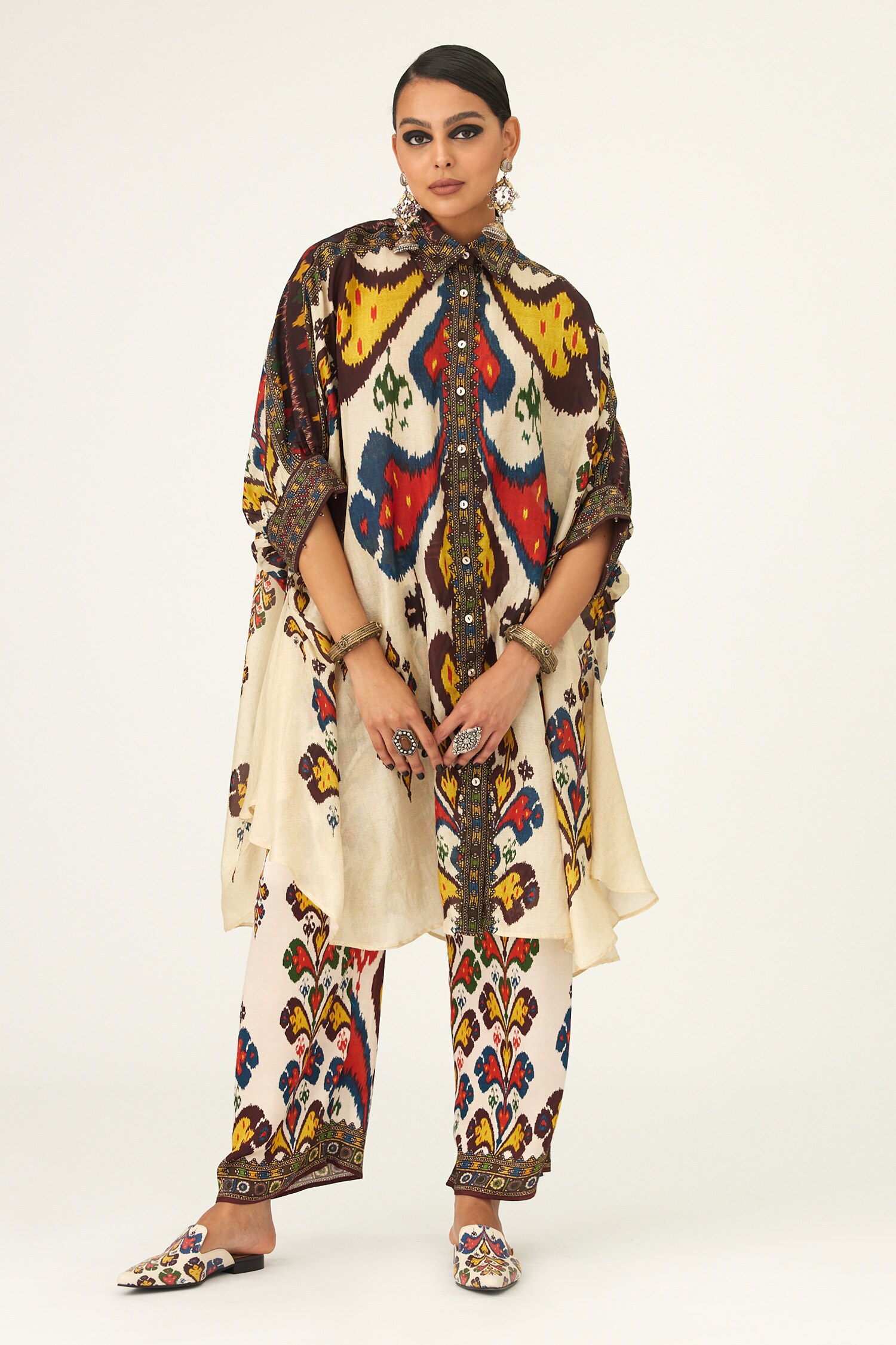 Buy Rajdeep Ranawat Beige Kamara Silk Geometric Pattern Long Shirt ...