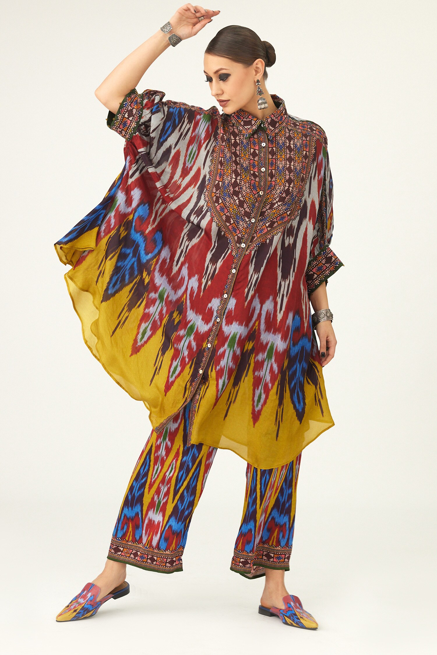 Buy Yellow Silk Geometric Shirt Collar Kamara Pattern Long For Women by ...