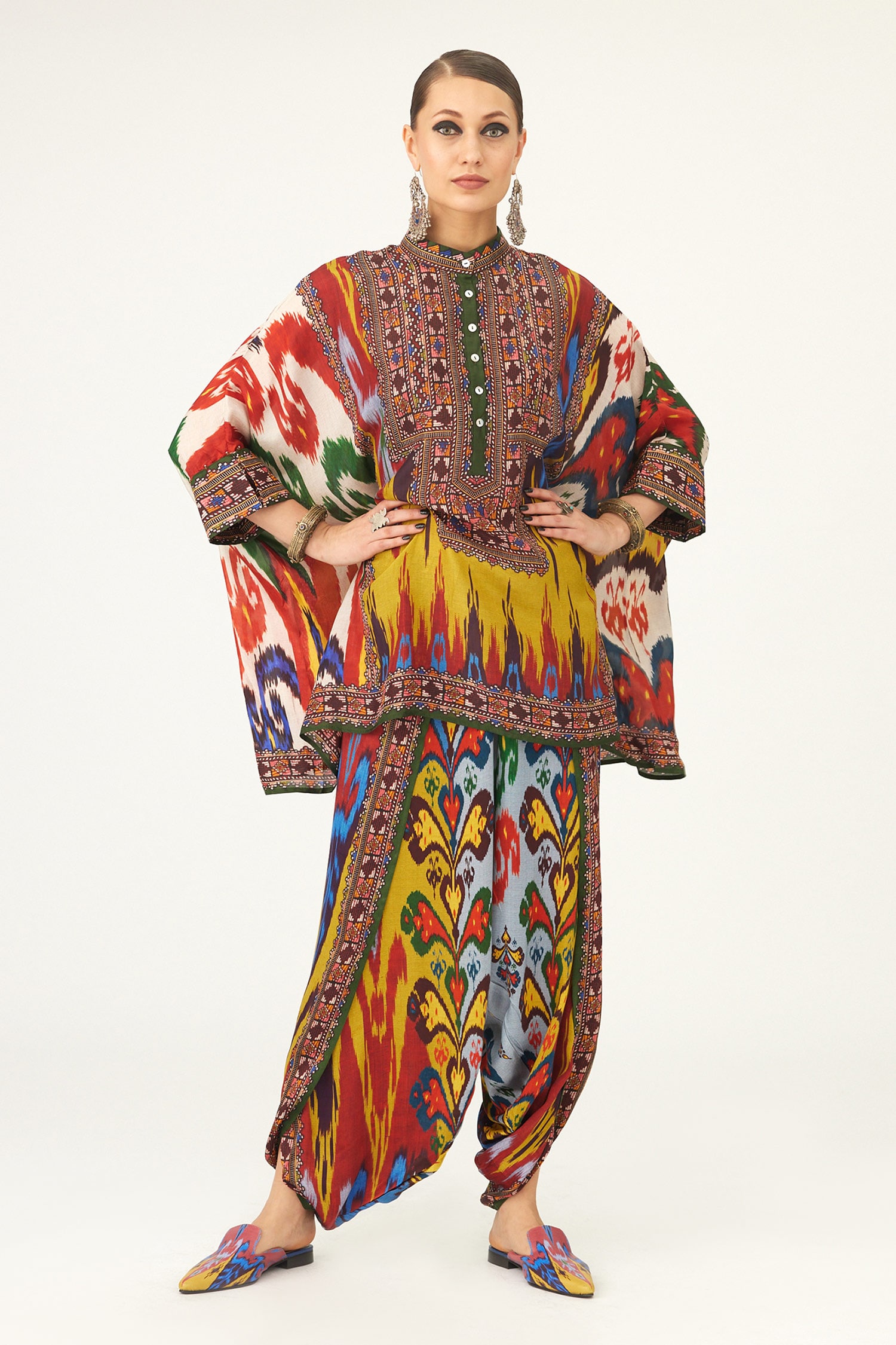 Buy Multi Color Silk Print Abstract Round Collar Chanel Tunic For Women ...