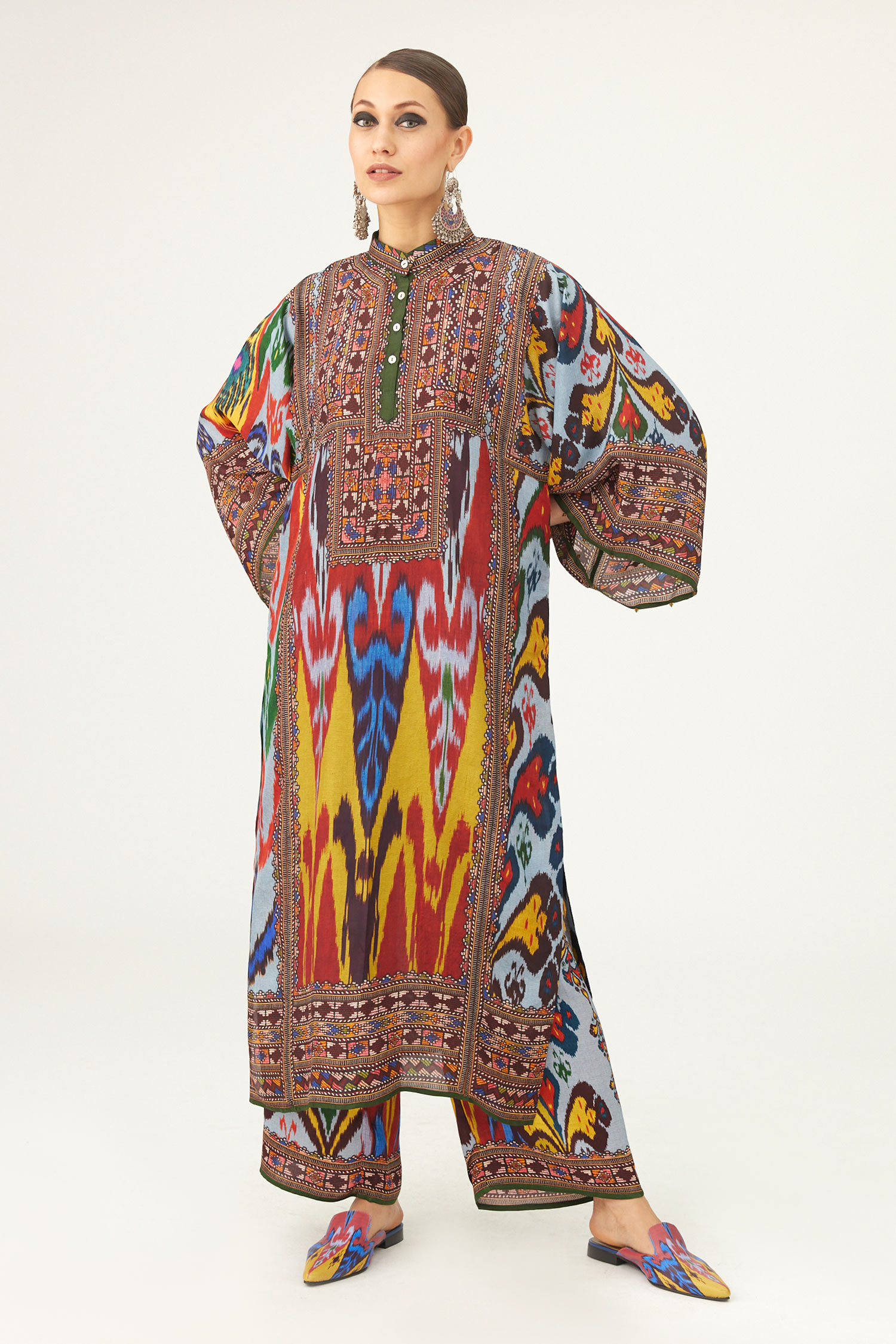 Buy Multi Color Silk Print Abstract Stand Collar Gayatri Box Tunic For ...