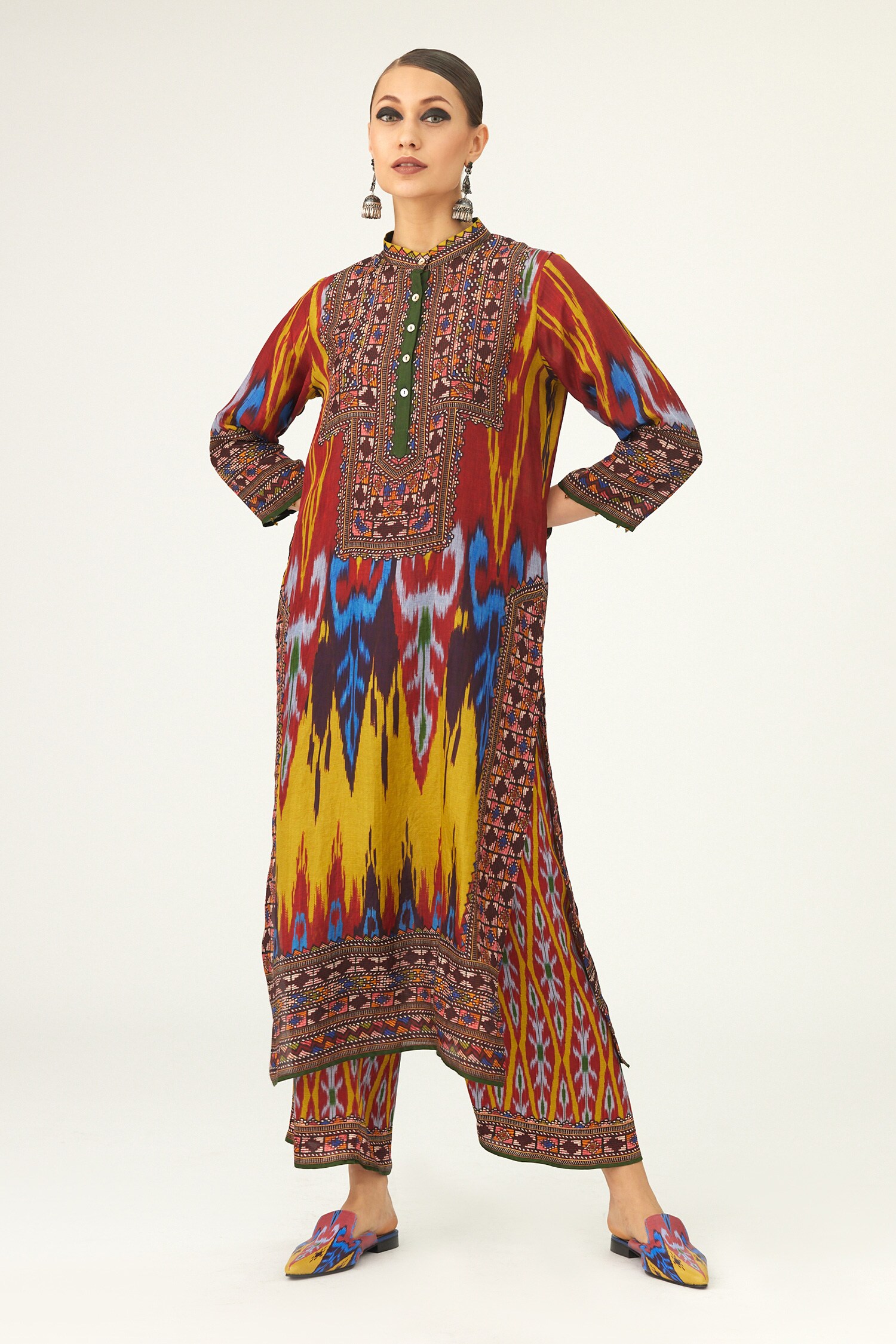 Buy Yellow Silk Geometric Band Champa Pattern Tunic For Women by ...