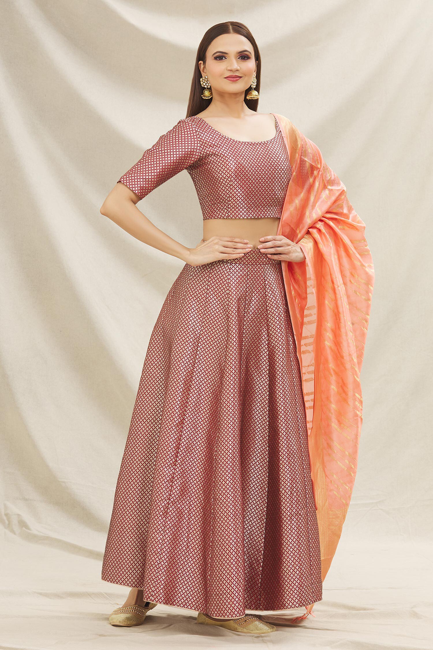 Buy Maroon Woven Floral Round Handloom Silk Lehenga Set For Women by ...