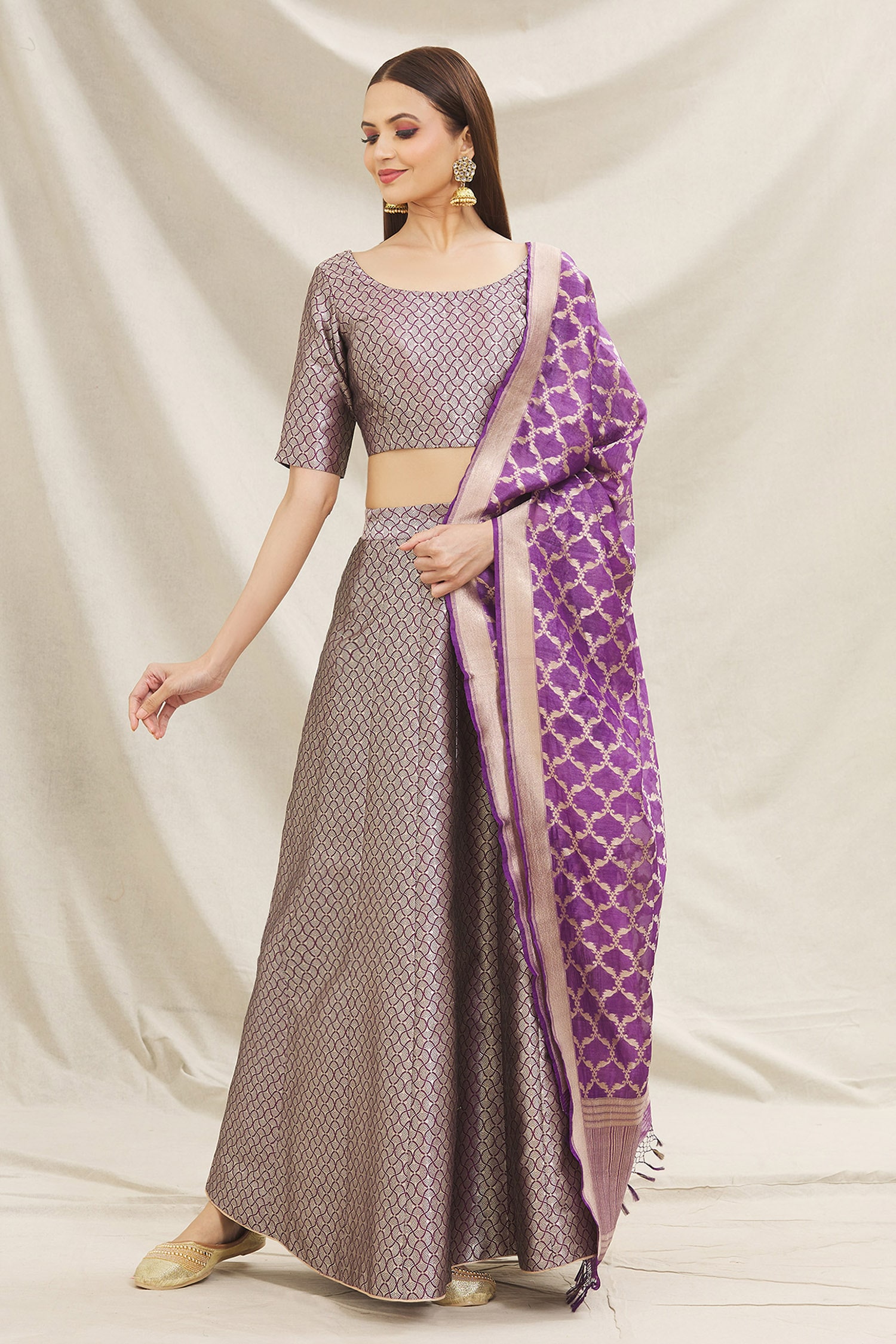 Buy Wine Silk Woven Flower Round Handloom Pattern Lehenga Set For Women ...