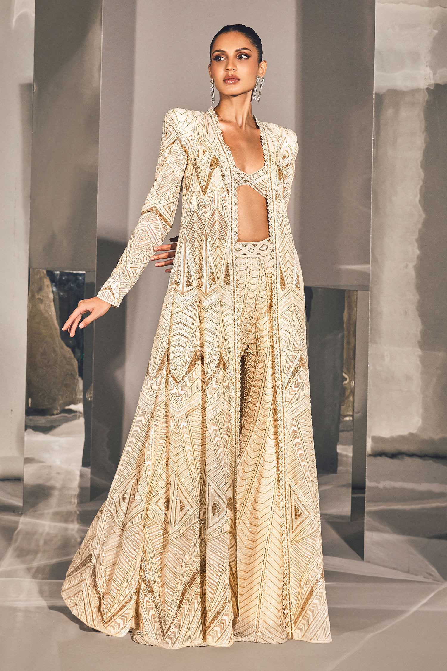 Buy Ivory Net Embellished Crystal Jacket Open Azra Sharara Set For ...