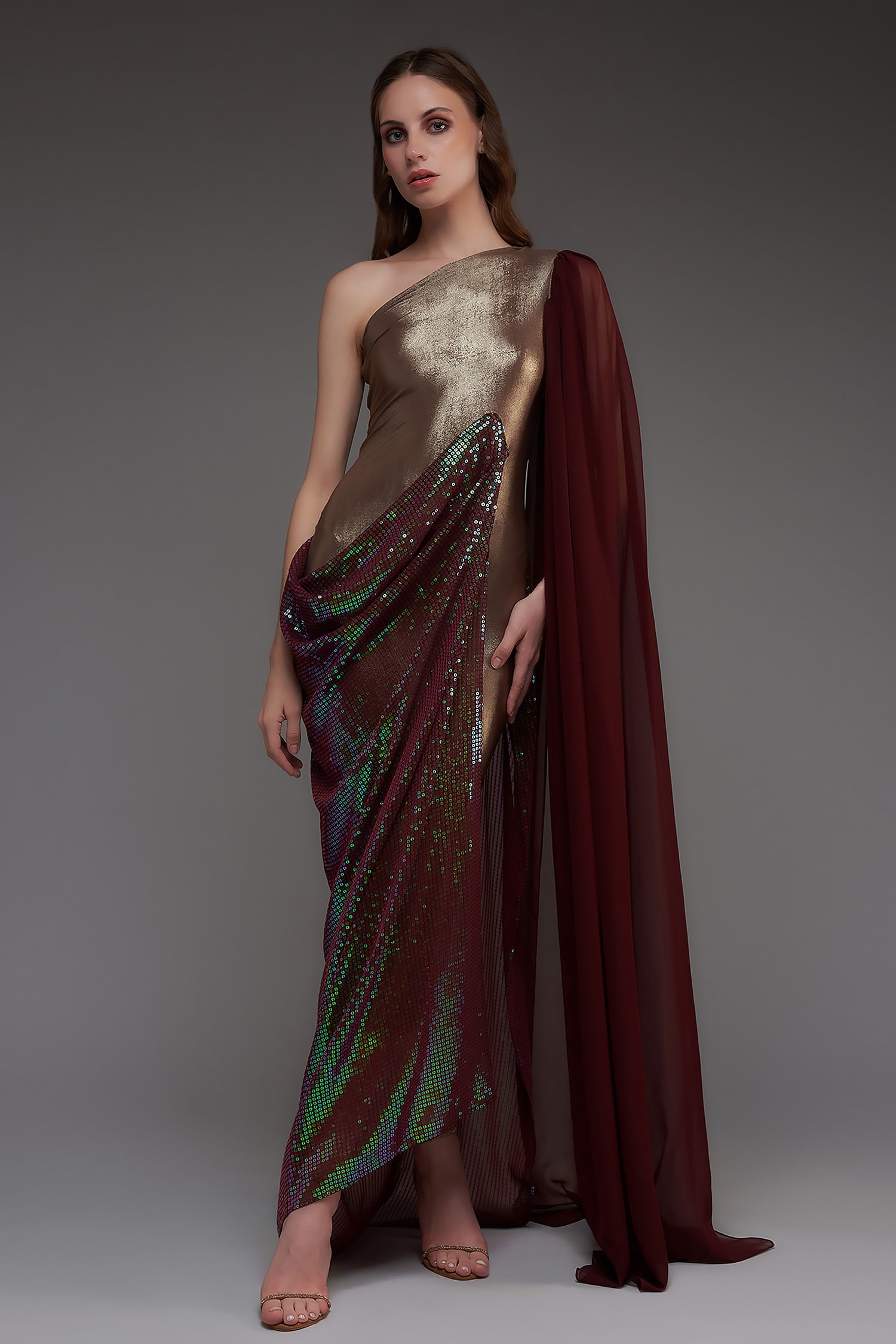 Buy Brown Stretch Knit Foil Solid Metallic One Shoulder Draped Gown For ...