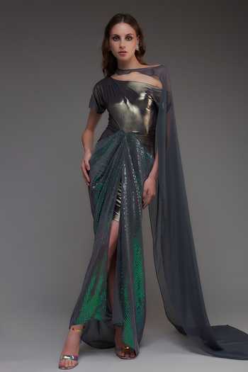 Buy Grey Stretch Knit Foil Solid Metallic Sequined Draped Gown With ...
