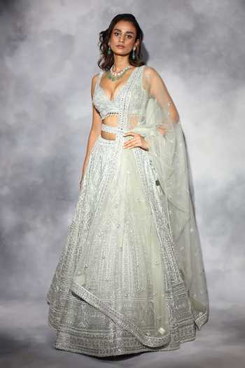 Buy Green Organza Hand Embroidered Gota V Neck Blouse Lehenga Set For ...