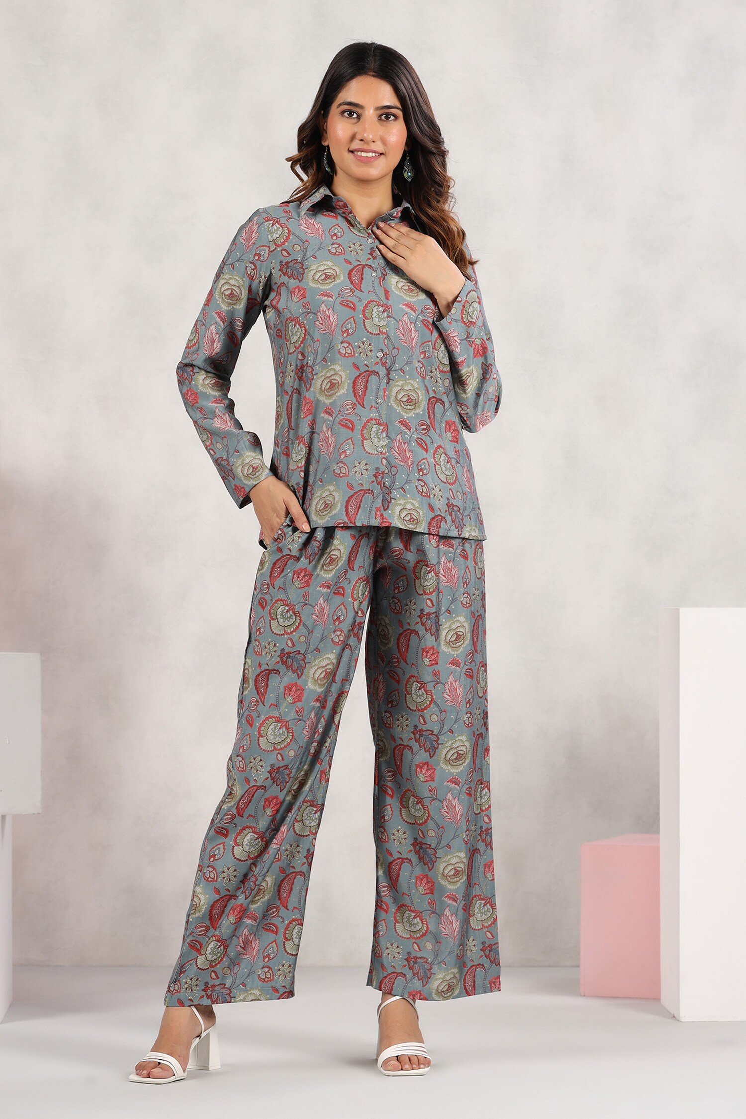 Buy Bairaas Grey Muslin Tree Branch Print Shirt And Pant Set Online ...