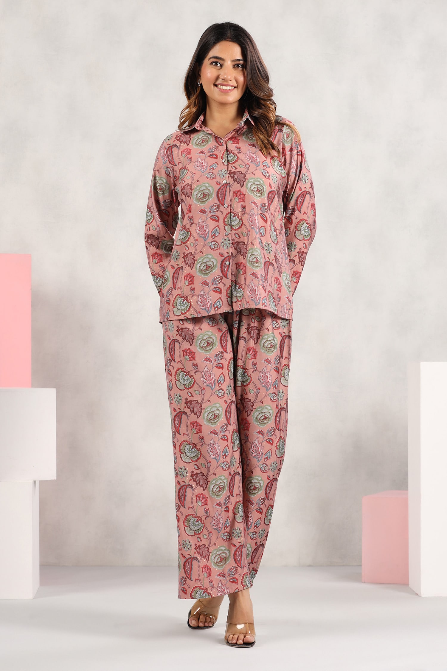 Buy Pink Muslin Printed Tree Branch Shirt Collar Pattern And Pant Set ...