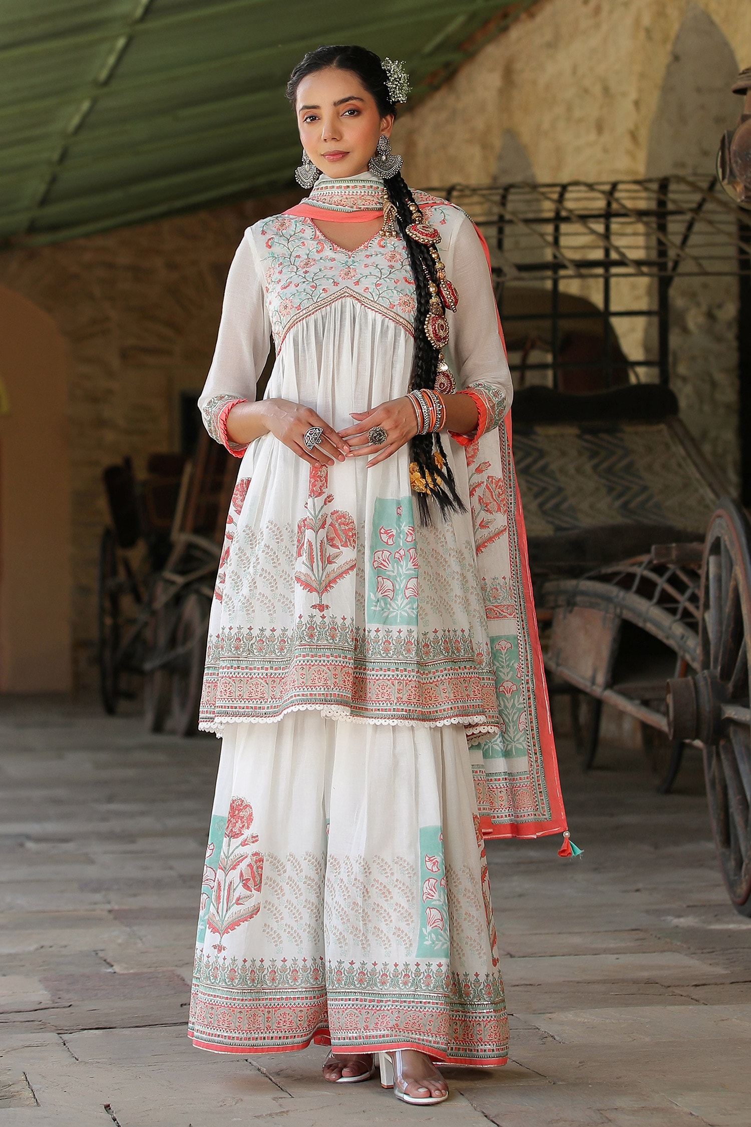 Buy Peach Mul Cotton Printed Block V Floral Anarkali Sharara Set For ...