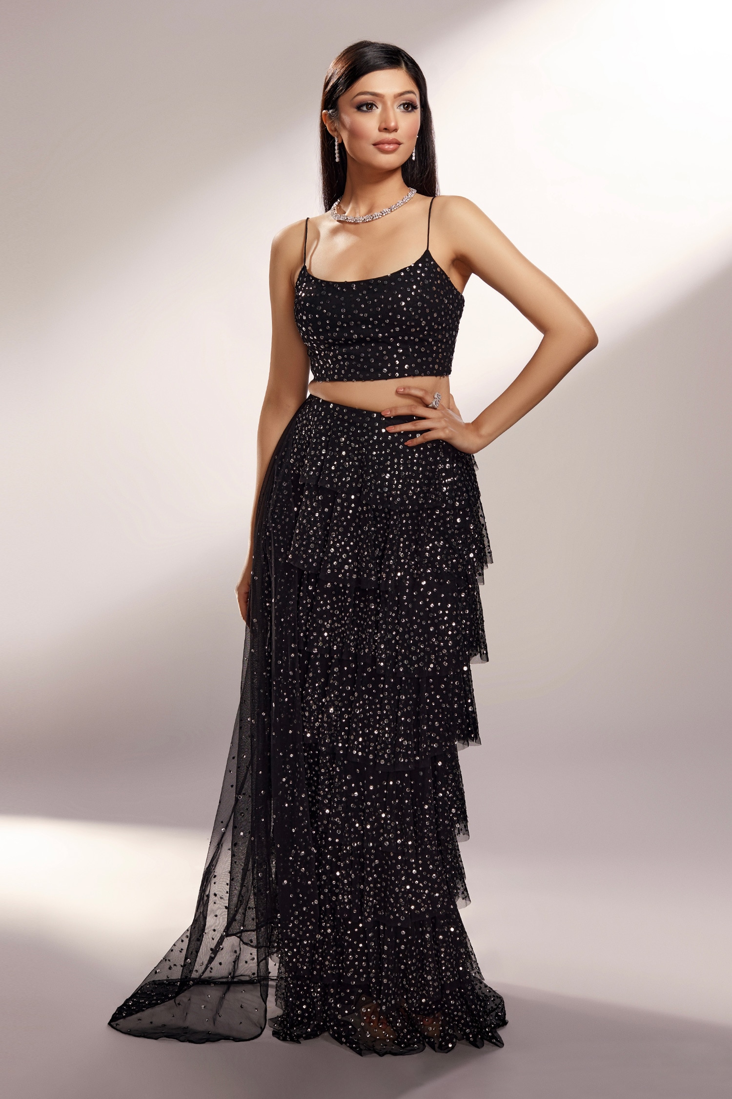 Buy Black Net Embroidered Sequin Work Round Steph Lehenga And Blouse ...