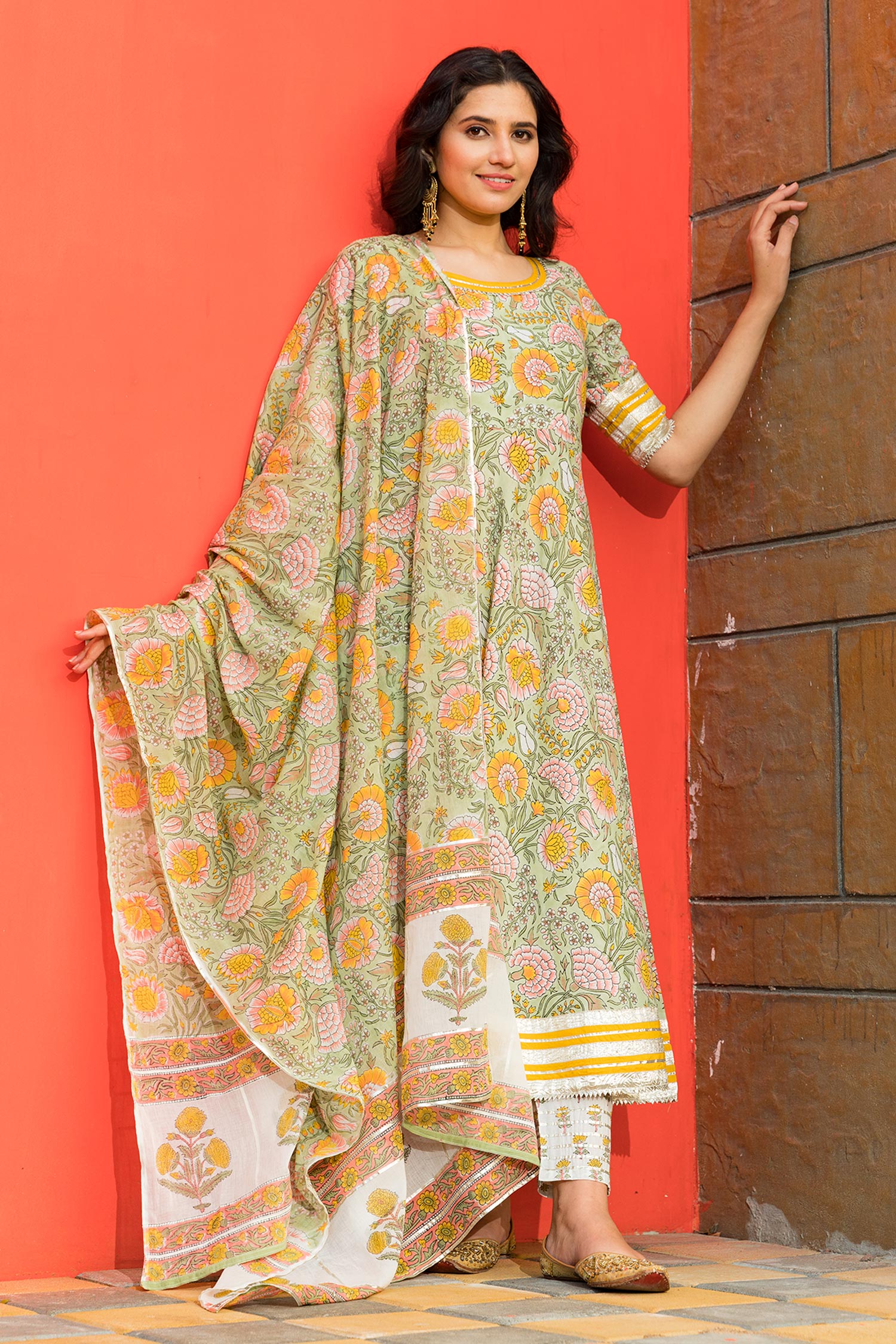 Buy Multi Color Cotton Print Flower Bloom Round Hand Block Anarkali Set ...