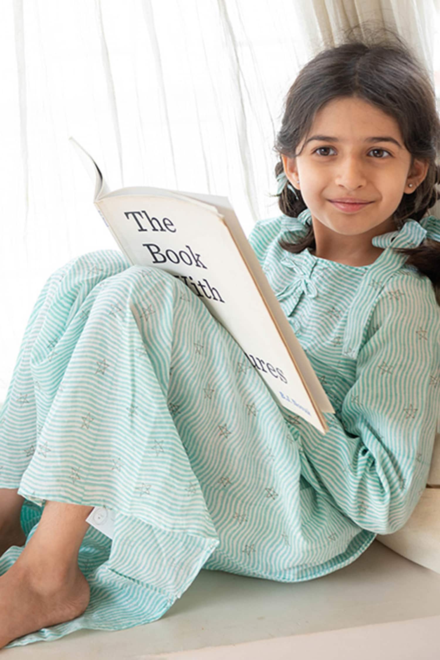 Buy Blue 100% Cotton Print Star Stripe Pattern Night Dress For Girls by ...