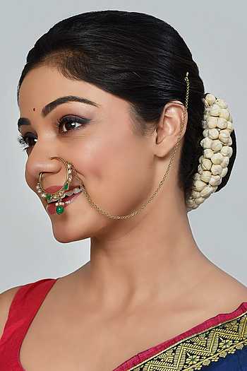 Buy Gold Plated Pearl Teardrop Carved Nose Ring With Chain by Nayaab by ...