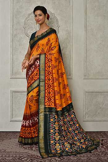 Buy Yellow Silk Blend Patola Colorblock Woven Saree With Running Blouse ...