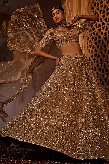 Buy Gold Organza Hand Embroidered Thread And Zarin Bridal Lehenga Set ...