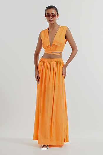 Buy TIC Orange Silk Wrap Crop Top With Skirt Online | Aza Fashions